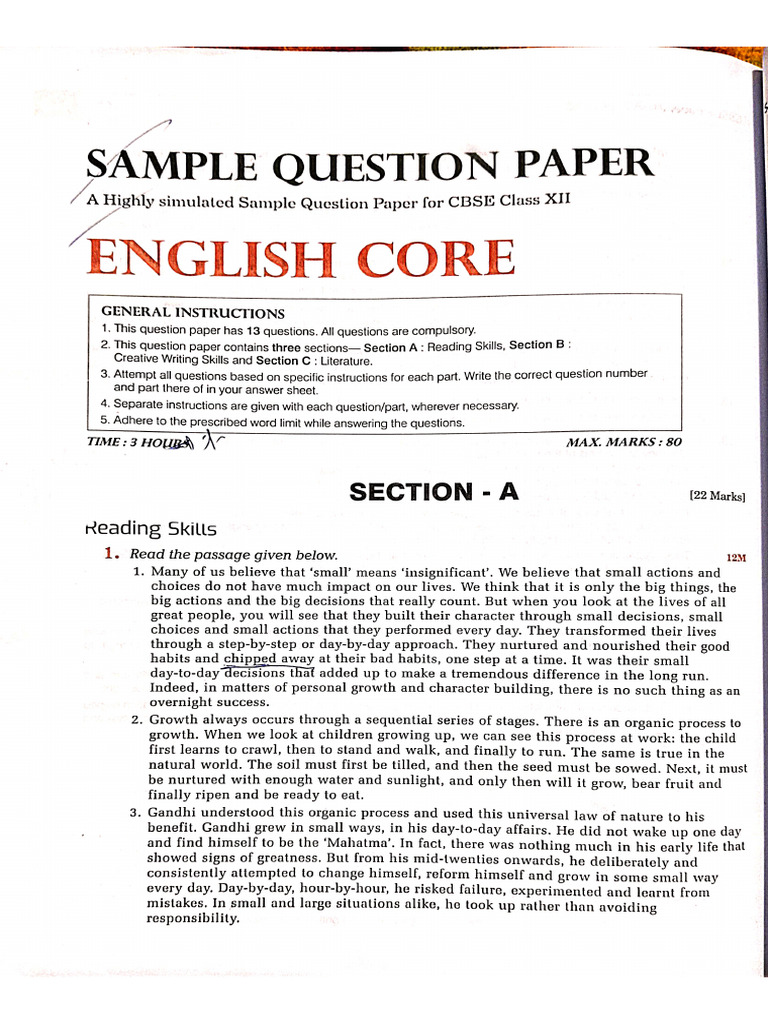 Class 12 English Sample Paper 2. | PDF
