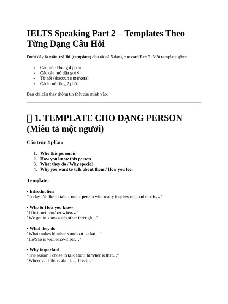 IELTS Speaking Part 2 Templates Guide | PDF