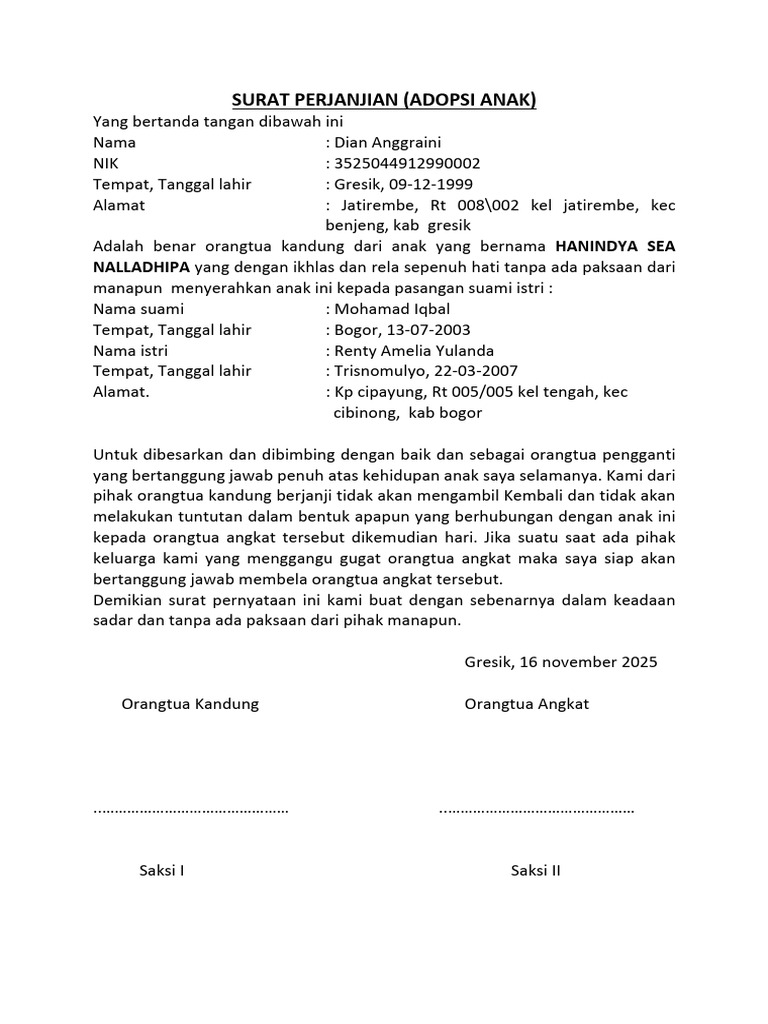 Surat Perjanjian Adopsi Anak Hanindya | PDF