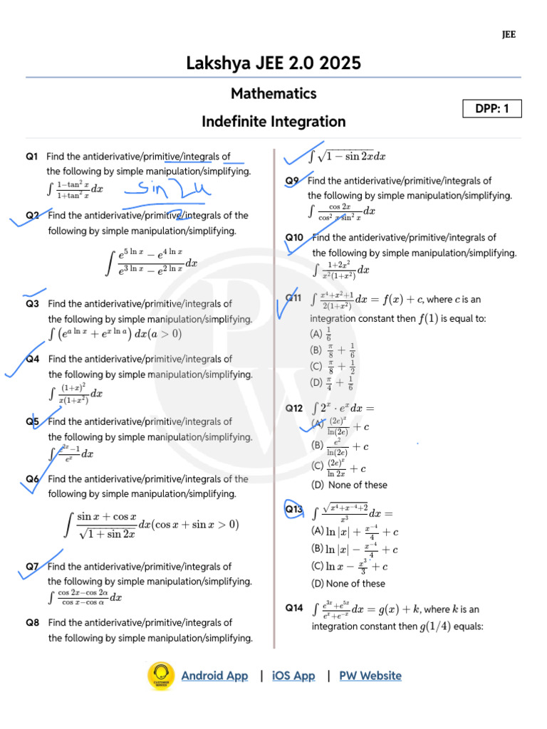 Indefinite Integration All Dpp | PDF | Mathematical Relations | Mathematical Analysis