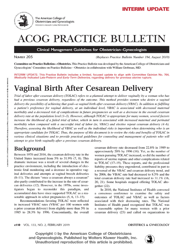ACOG Practice Bulletin No. 205 - Vaginal Birth After Cesarean Delivery ...