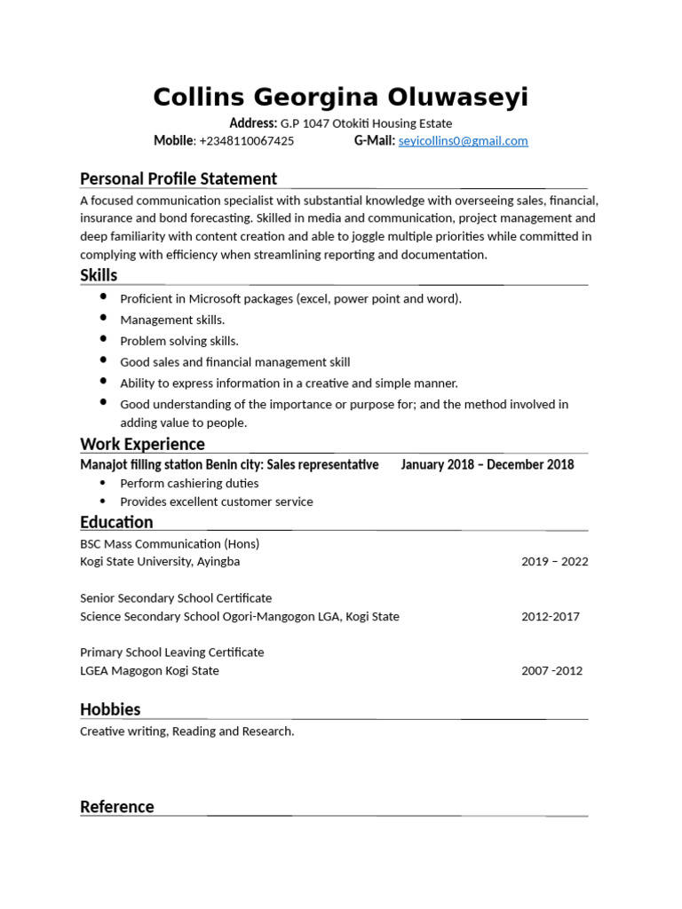 Collins Georgina Oluwaseyi CV | PDF