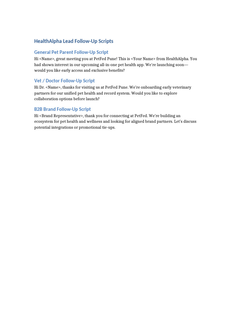 HealthAlpha FollowUp Scripts | PDF