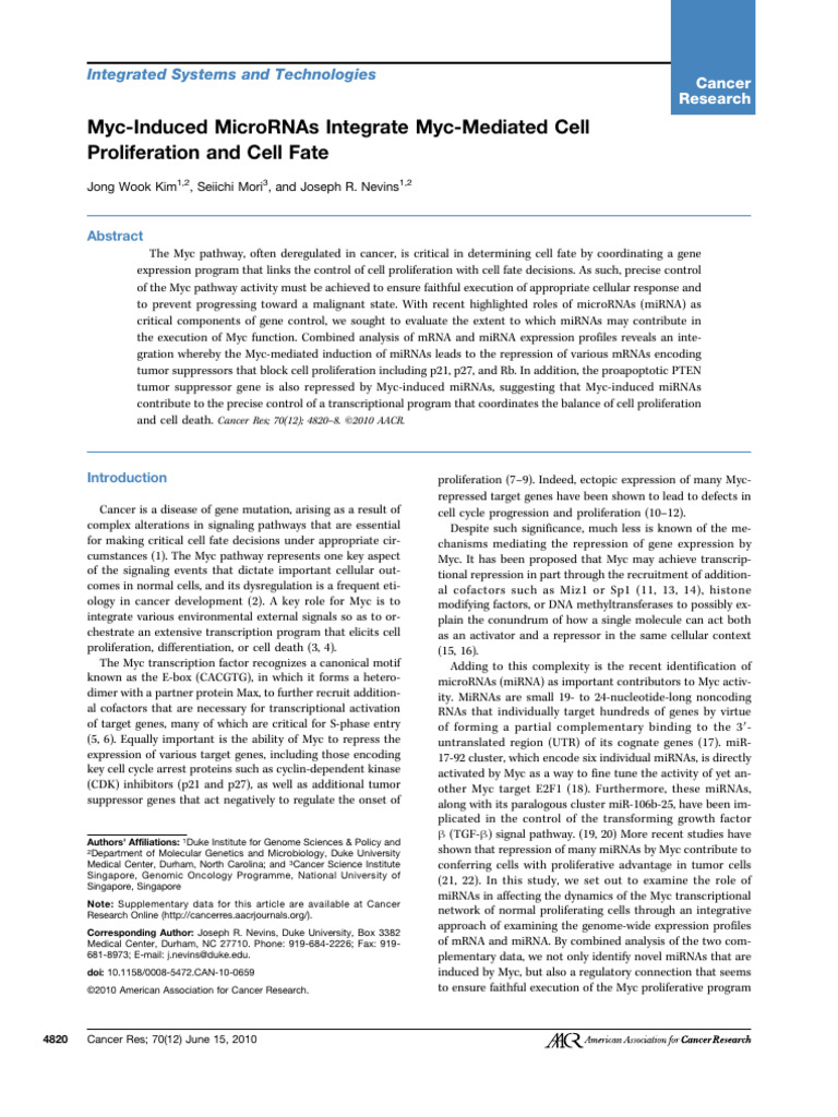 Myc-Induced MicroRNAs Integrate Myc-Mediated Cell Proliferation and ...