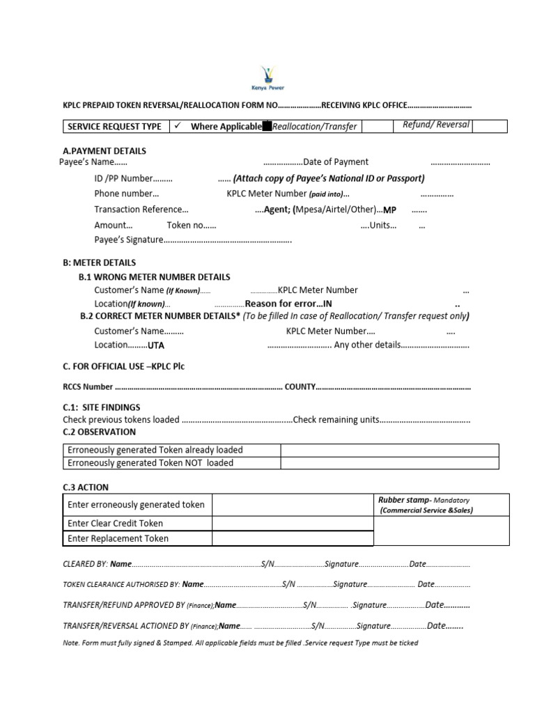 KPLC Token Reversal Request Form | PDF