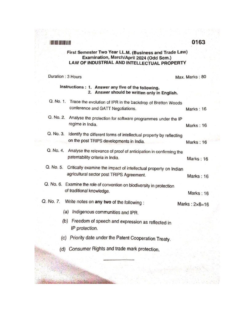 Question Paper - Industrial & Intellectual Property | PDF