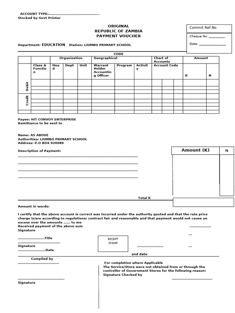 Zambia Education Payment Voucher Template | PDF | Payments | Cheque
