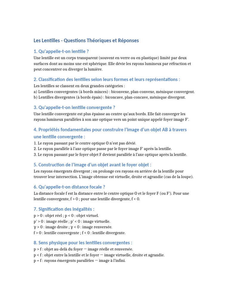 Comprendre les Lentilles : Types et Propriétés | PDF | Lens ...