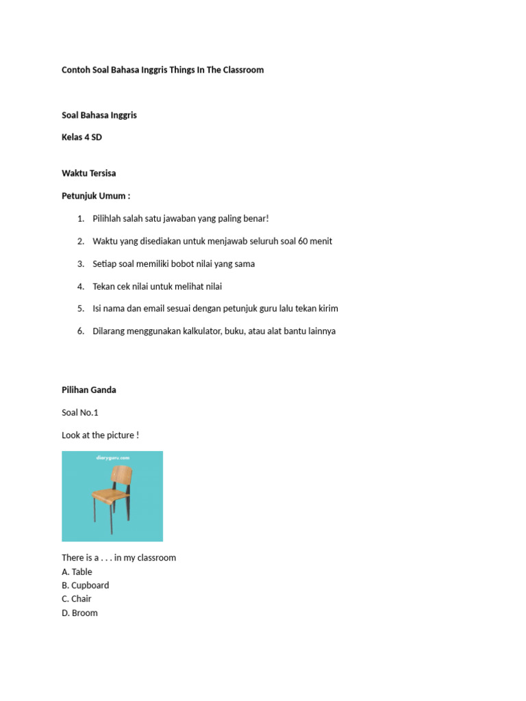 Soal Bahasa Inggris Kelas 4: Kelas | PDF | Students | Stationery