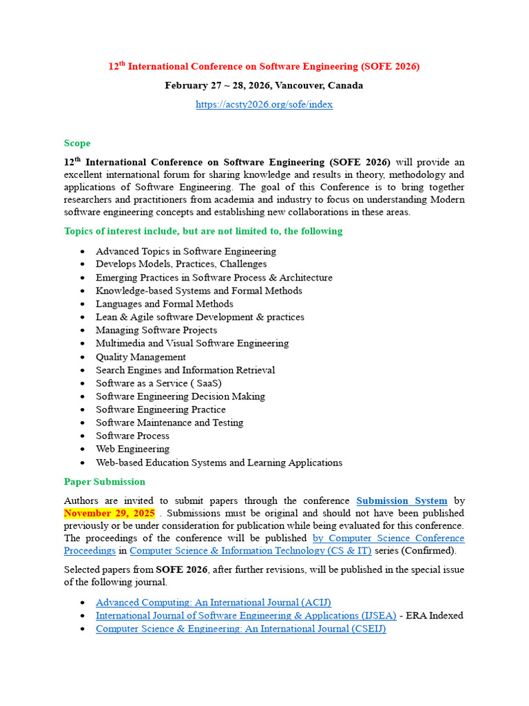 12th International Conference on Software Engineering (SOFE 2026) | PDF ...