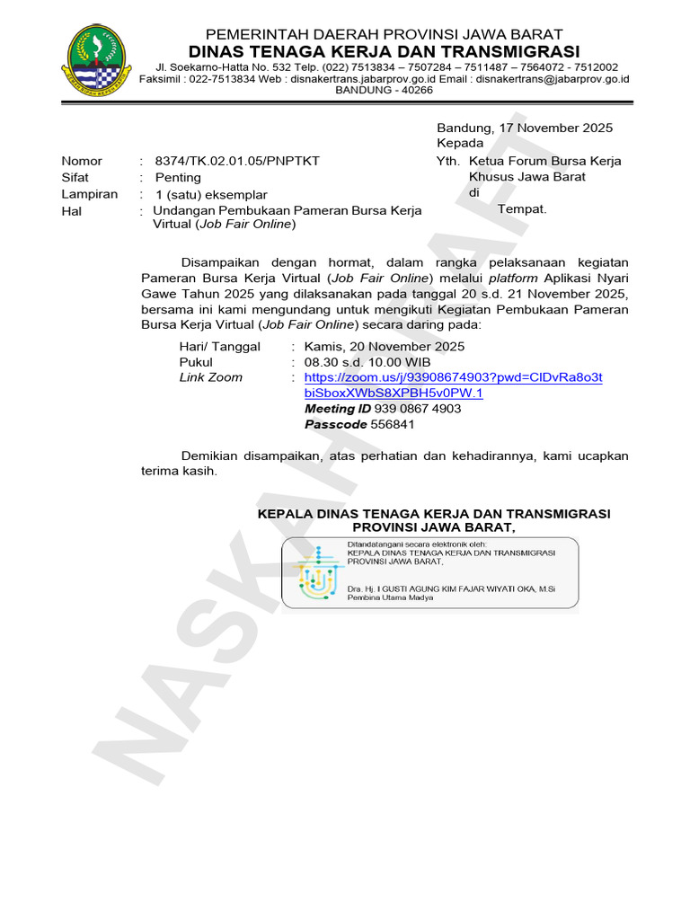 SURAT UNDANGAN Undangan Pembukaan Pameran Bursa Kerja Virtual Job Fair ...