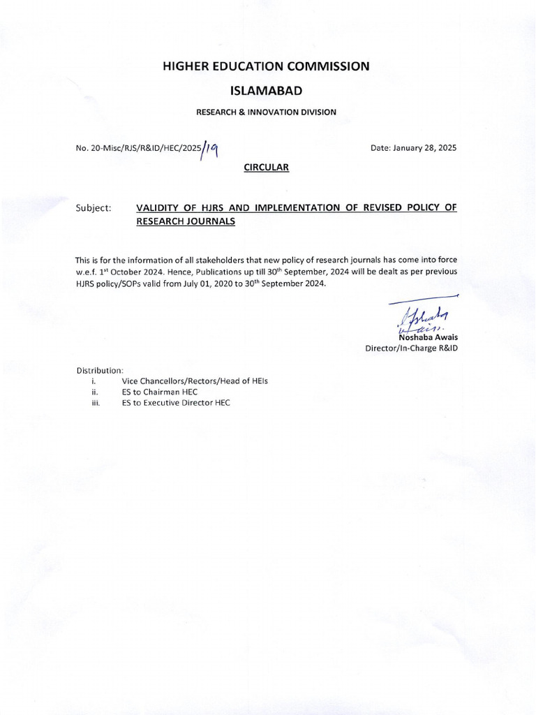 Validity of HJRS and Implementation of Revised Policy of Research ...