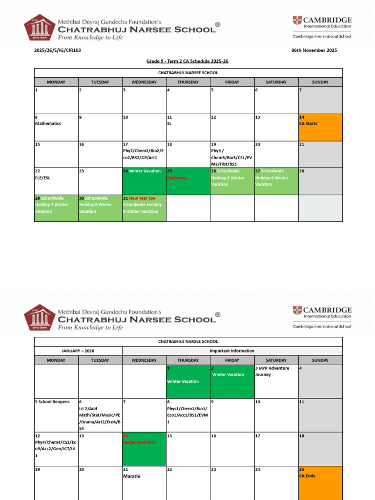 Grade 9 - Term 2 CA Schedule AY 2025 - 2026 (1) - 1 | PDF | Observances ...