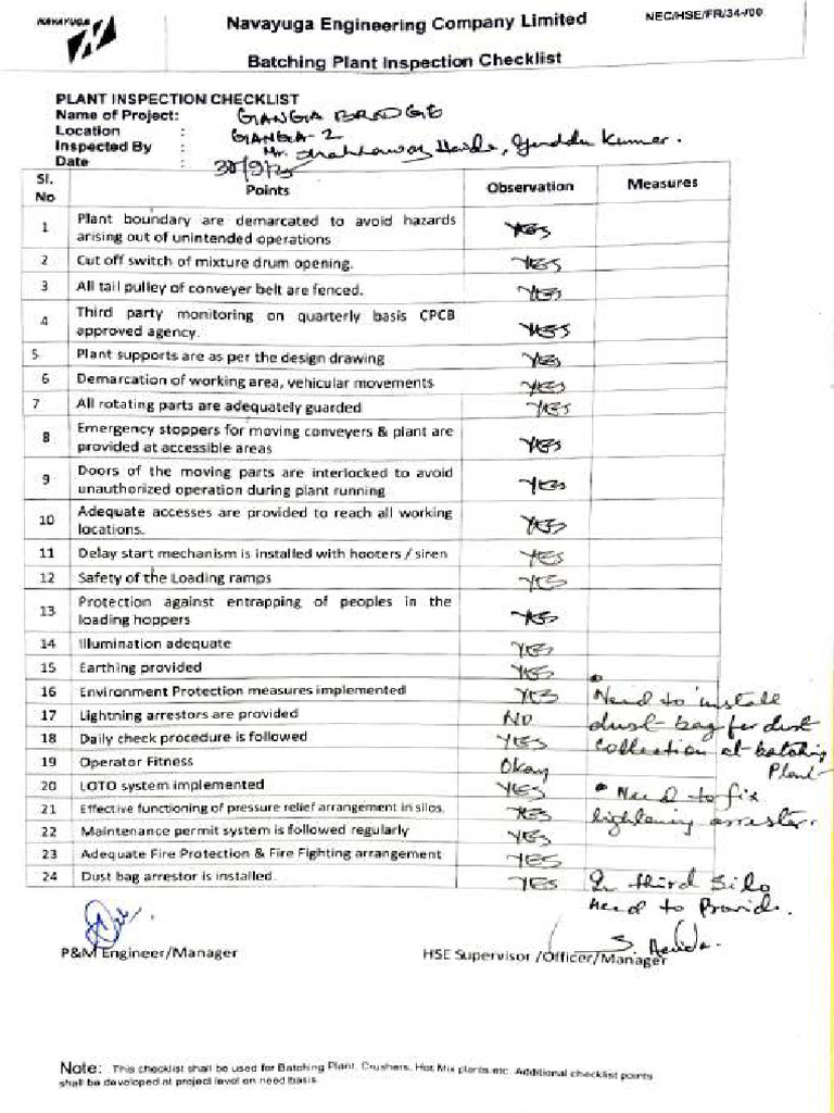 Batching Plant Safety Inspection Checklist | PDF | Safety