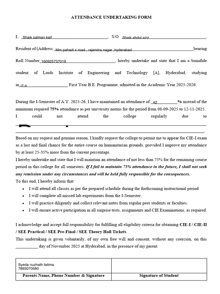 Attendance Undertaking Form - 2025-26 I-Semester November 2025 | PDF | Educational Stages