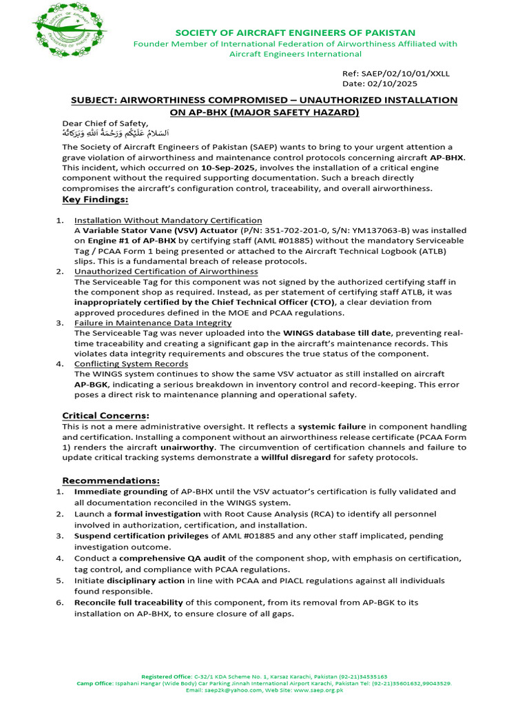 Serious Airworthines Violation AP-bhx - Installation of VSV Actuator ...