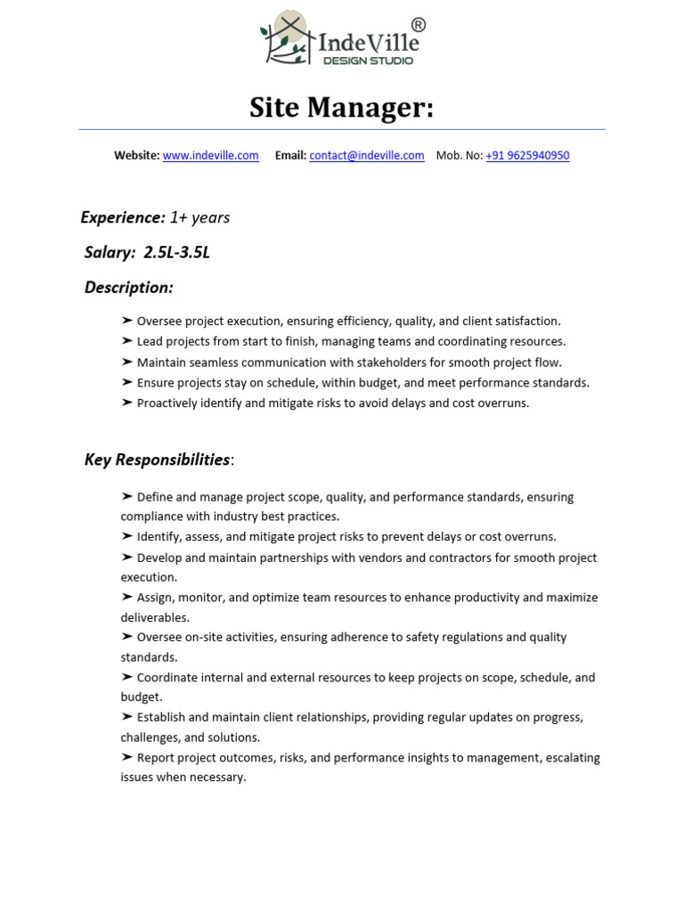 JD-Site Manager-Indeville Design Studio | PDF | Risk | Regulatory ...