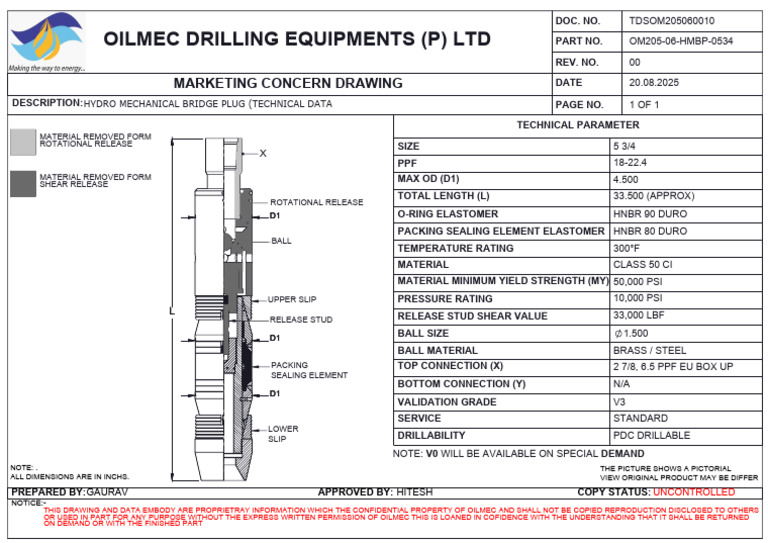 TDSOM205060010(OM-HMBP) 5 3-4'' , 18-22.4 PPF HNBR , 10,000 PSI # 2 7-8 ...