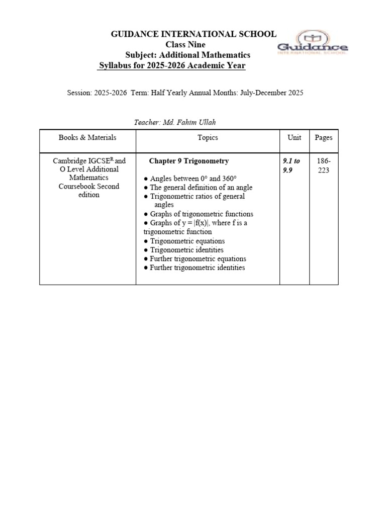 G9 AddMath HY Syllabus | PDF | Trigonometric Functions | Trigonometry