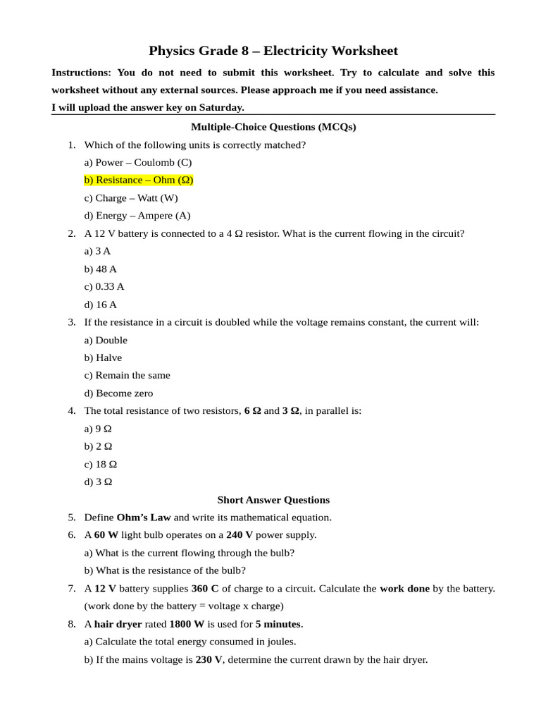 Grade 8 Electricity Worksheet Questions | PDF | Voltage | Physical ...