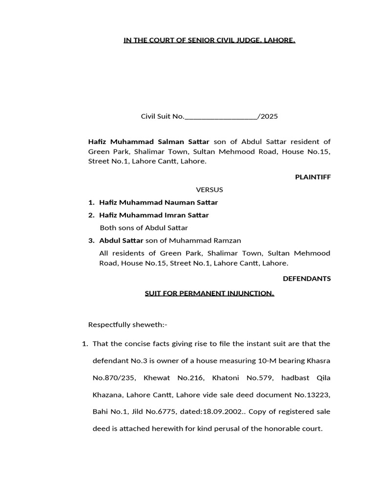 Lahore Civil Suit for Permanent Injunction | PDF | Lawsuit | Common Law