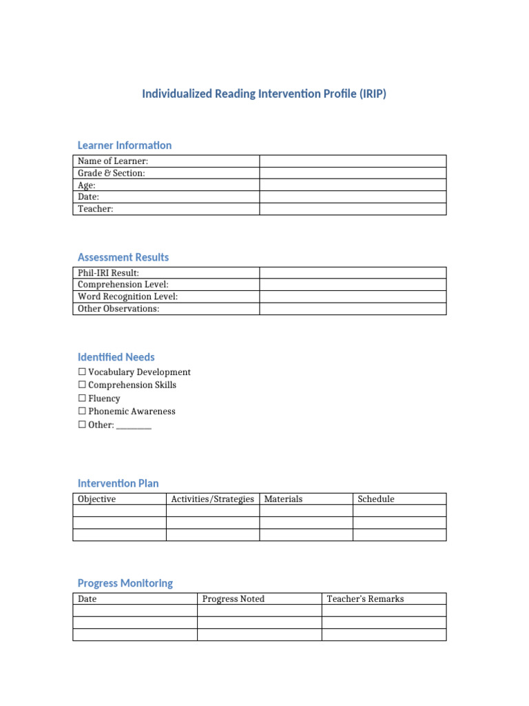 Individualized Reading Intervention Profile IRIP | PDF