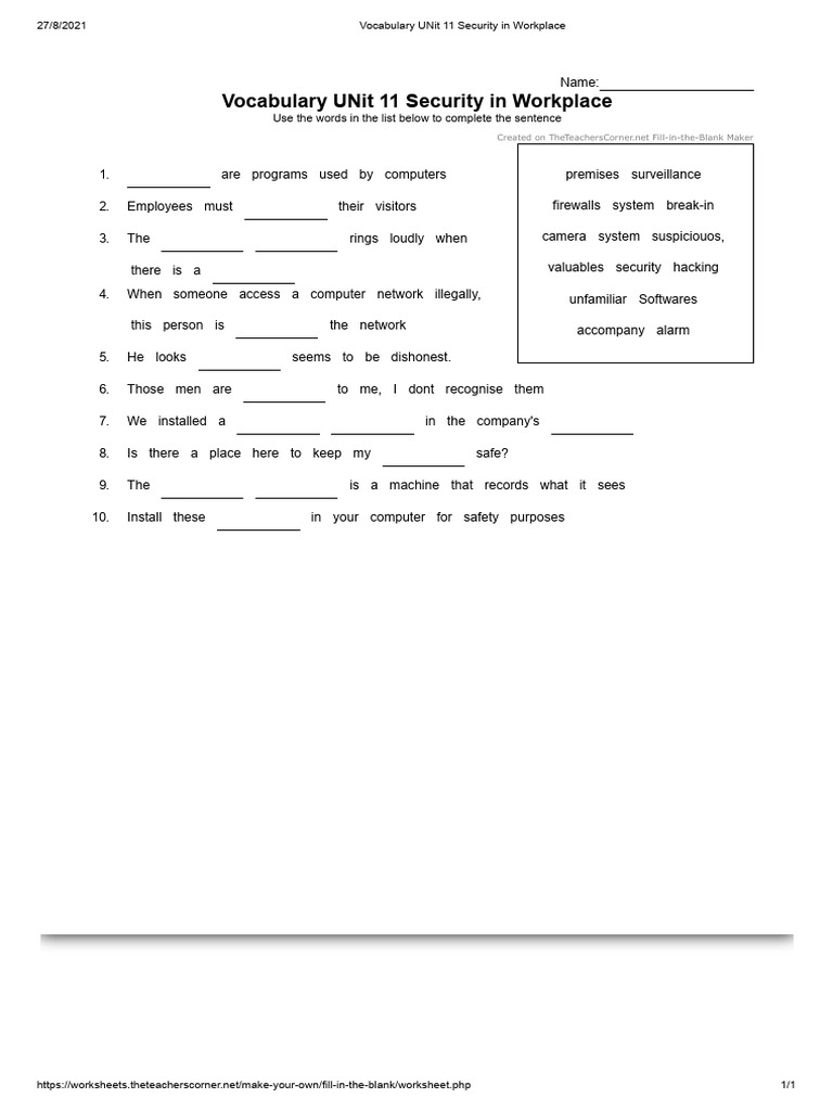 Workplace Security Vocabulary Worksheet | PDF