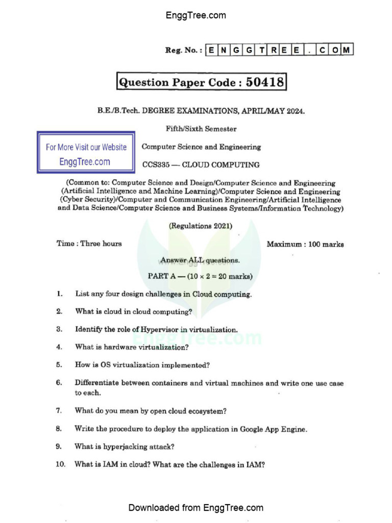 CCS335 Cloud Computing Apr May 2024 Question Paper Download | PDF