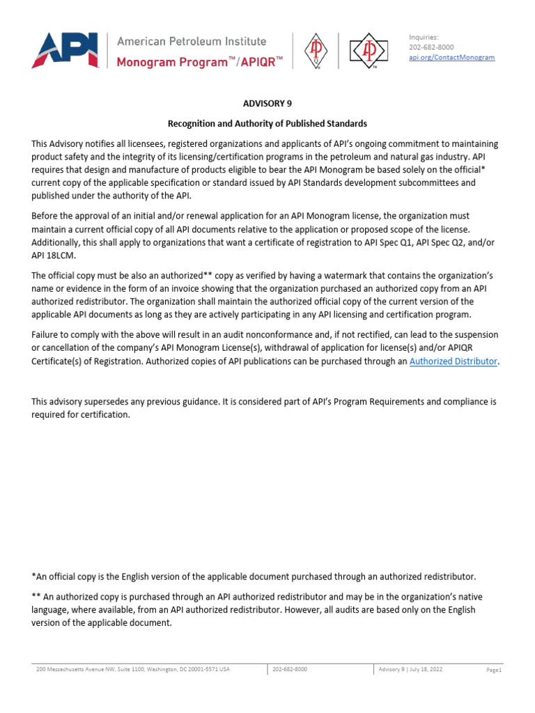 Advisory 9 - API - Recognition Authority of Published Standards KF Hh Approved 20220720 ...
