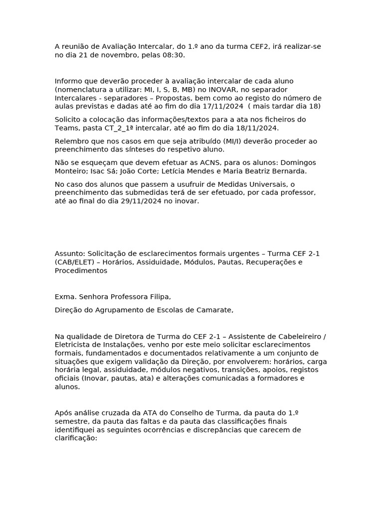 Avaliação Intercalar CEF 2-1: Solicitações e Procedimentos | PDF