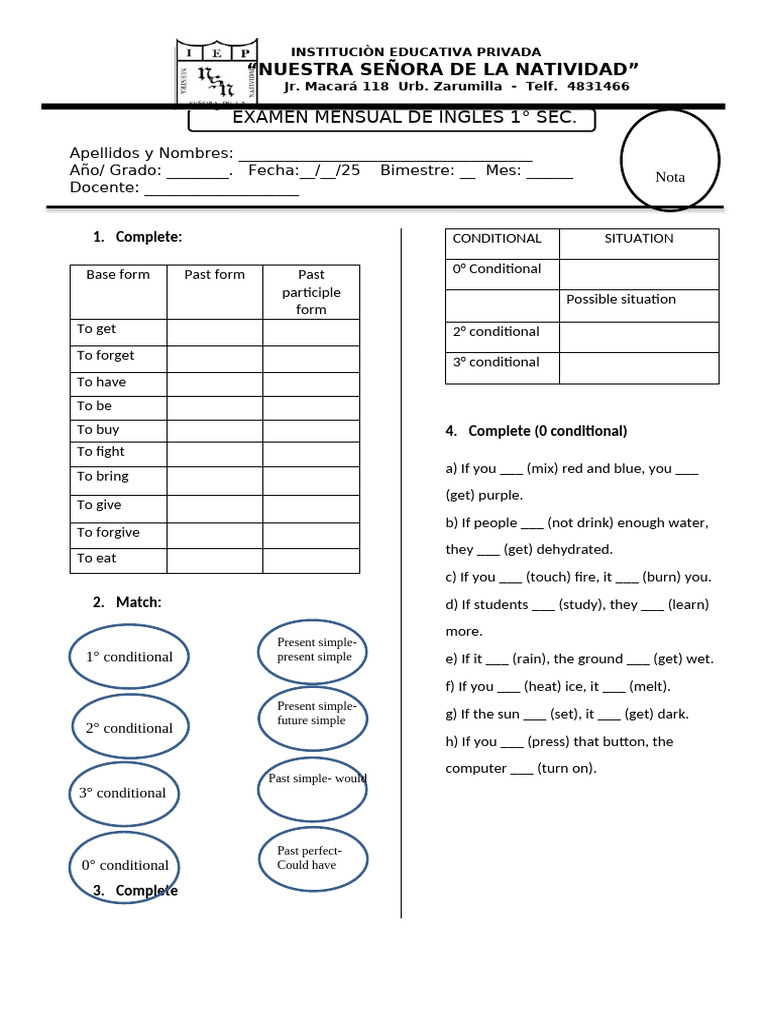 EXAMEN DE INGLÉS 1° SECUNDARIA_OCTUBRE | PDF