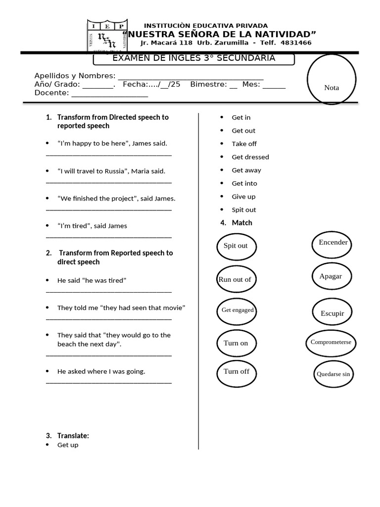 Examen de Inglés 3° Secundaria - Octubre | PDF