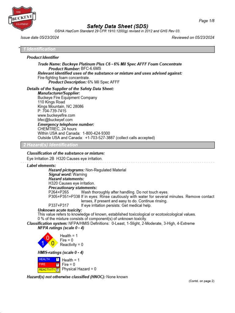 Buckeye Platinum Plus C6 AFFF Foam SDS | PDF | Working Conditions | Safety
