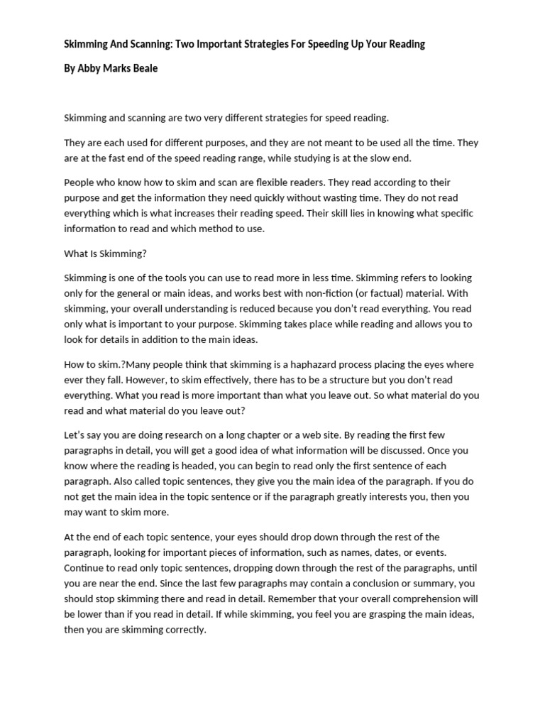 Skimming And Scanning | PDF | Speed Reading | Human Communication