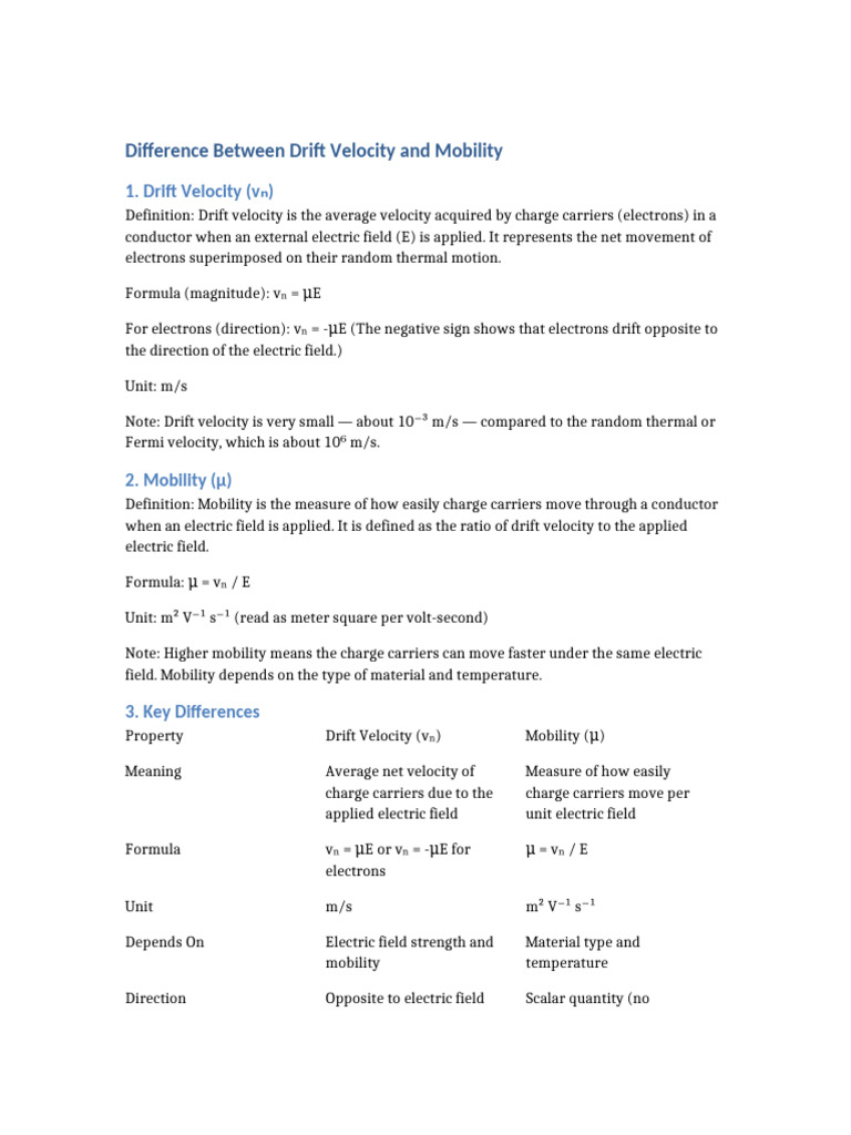 Difference Between Drift Velocity and Mobility | PDF