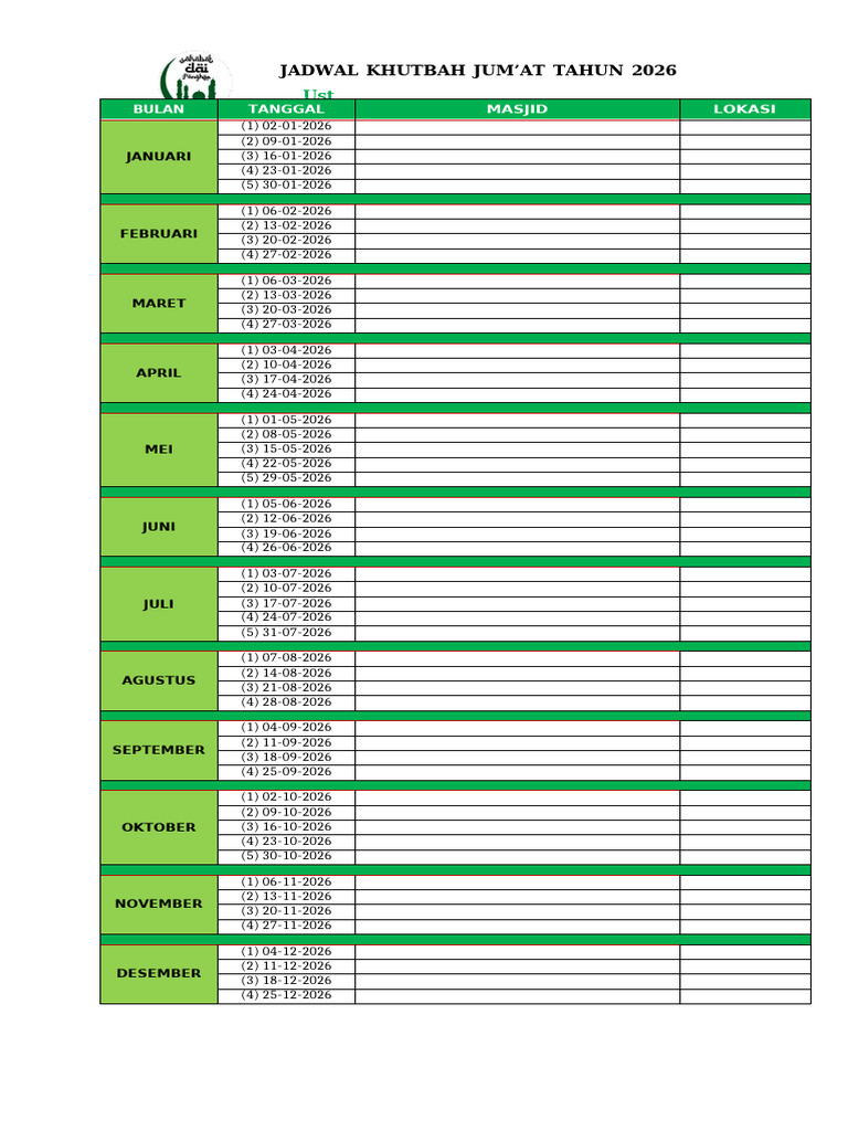 Jadwal Kosong Khutbah Jumat Tahun 2026 SDP | PDF
