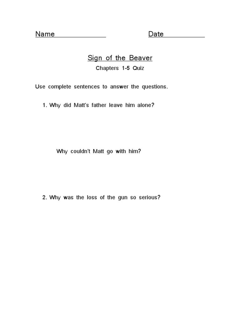 Sign of the Beaver Quiz: Chapters 1-5 | PDF