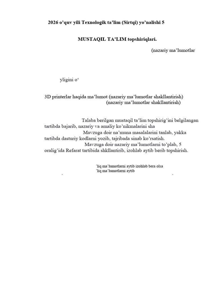 Mustaqil Ta' Lim Topshiriqlari | PDF