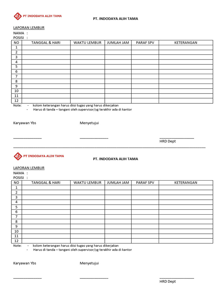 Form Lembur PT Indodaya | PDF