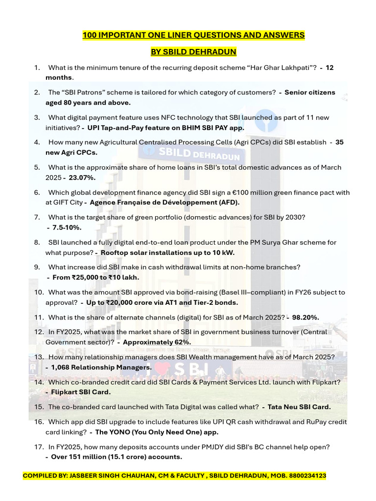 100 IMPORTANT ONE LINER QUESTIONS AND ANSWERS BY SBILD DEHRADUN | PDF | Banks | Reserve Bank Of ...