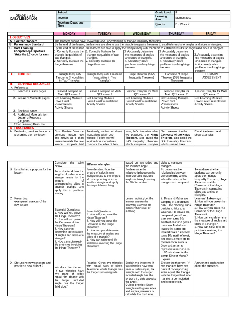 DLL-Math 8 Quarter 2 Week 7 | PDF | Triangle | Mathematics