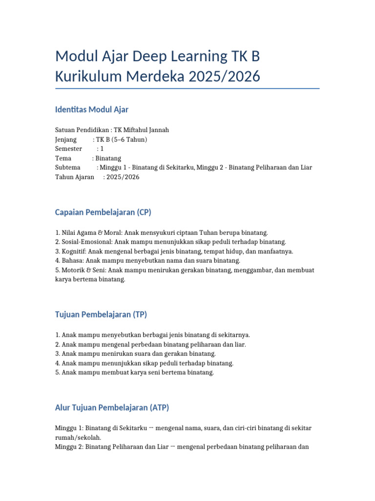 Modul Ajar Binatang untuk TK B | PDF