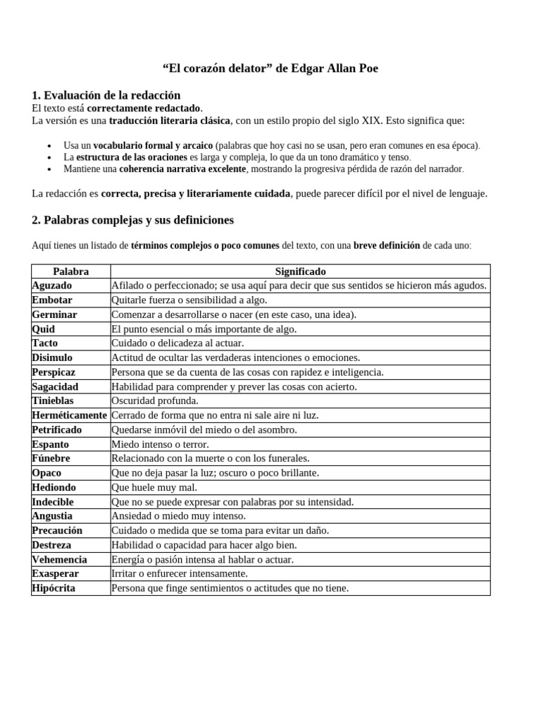 El Corazón Delator Palabras Complejas | PDF