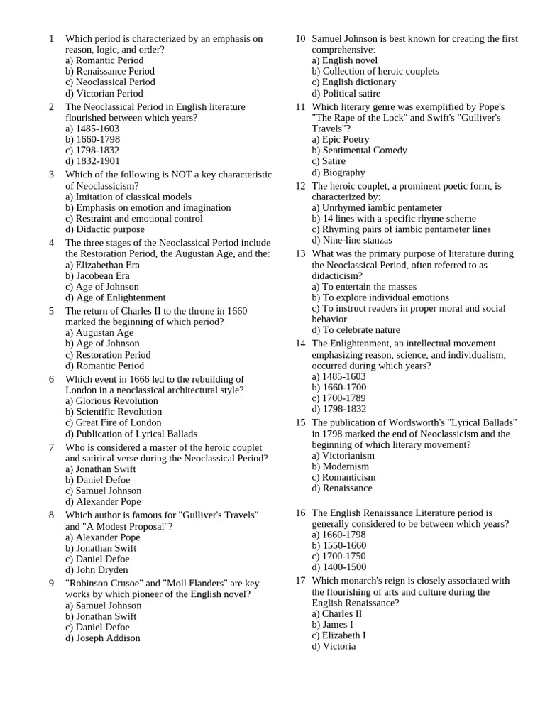 English Neoclassical Period Literature - Multiple Choice Questions ...