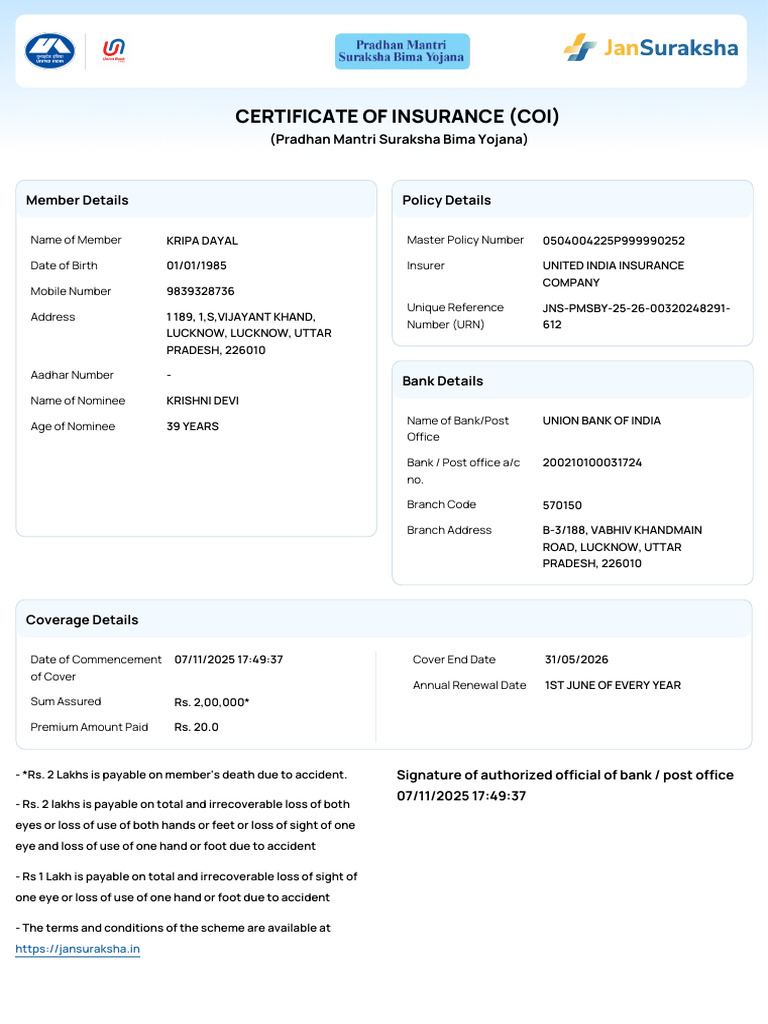 Certificate of Insurance JNS PMSBY 25-26-00320248291 612 | PDF | Insurance | Financial Services