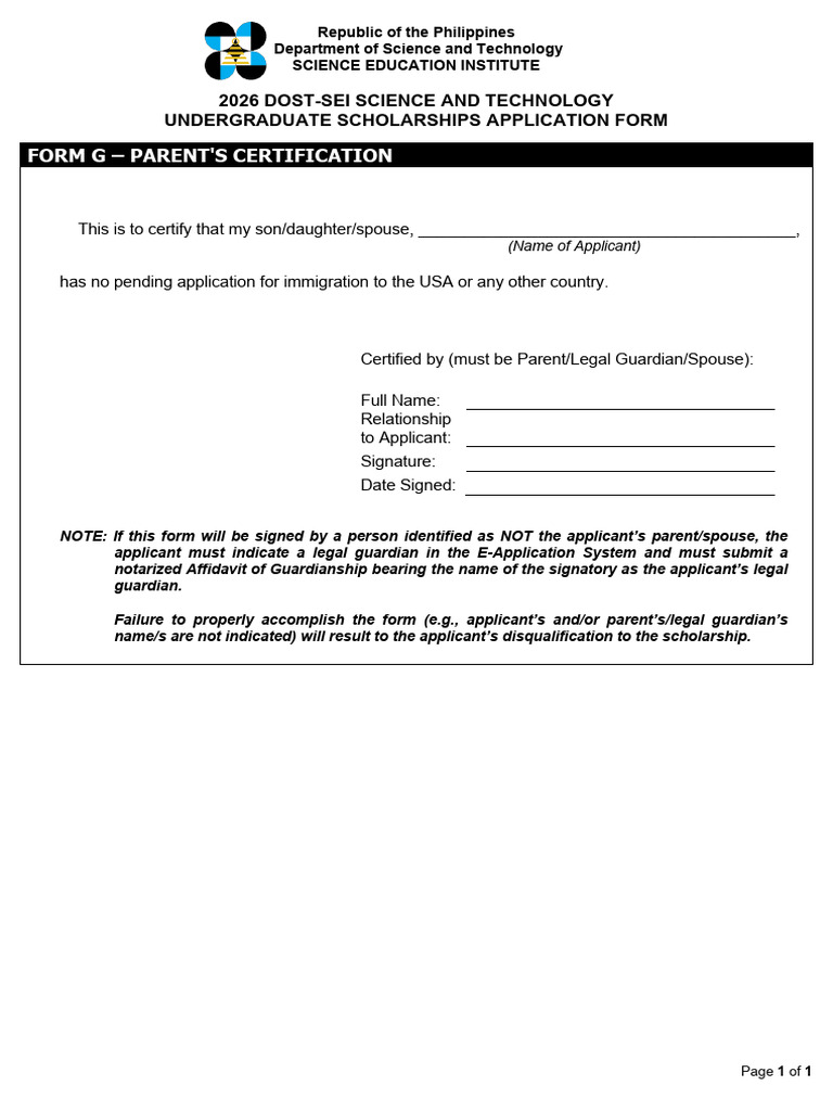 DOST-SEI Scholarship Parent Certification Form | PDF