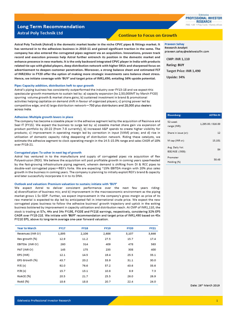 Long Term Recommendation Astral Poly Technik LTD | PDF | Economies