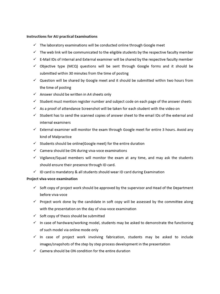 Instructions For AU Practical Examinations | PDF