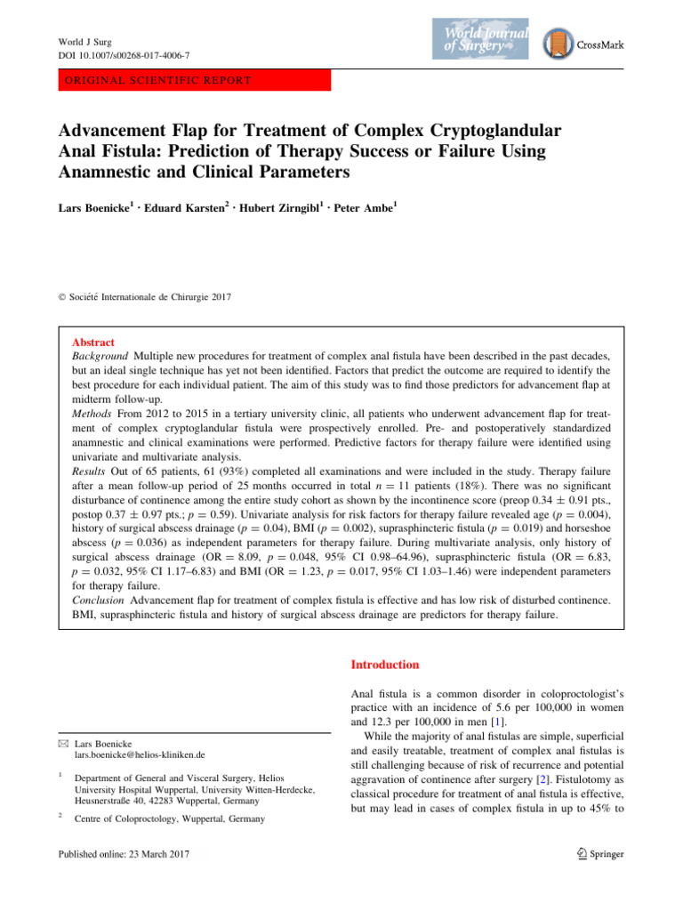 Advancement Flap For Treatment of Complex Cryptoglandular Anal Fistula ...