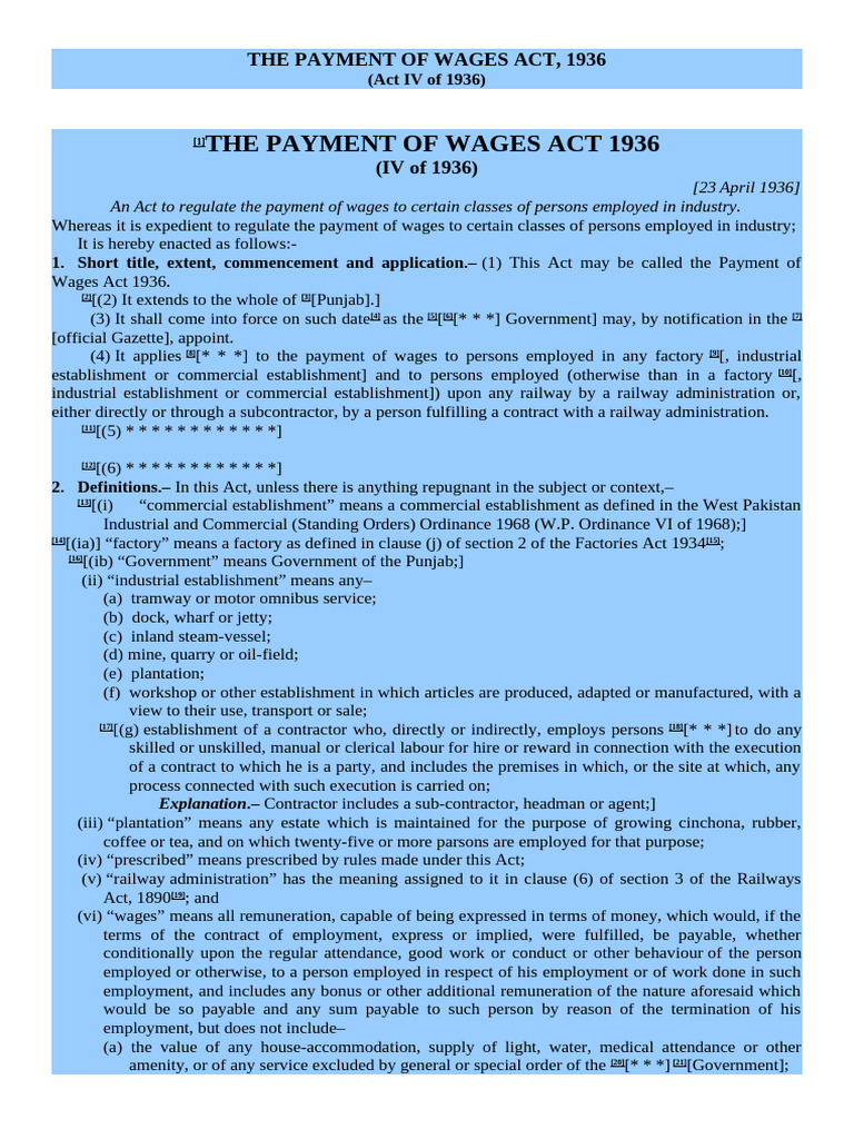 Payment of Wages Act 1936 Overview | PDF | Employment | Wage